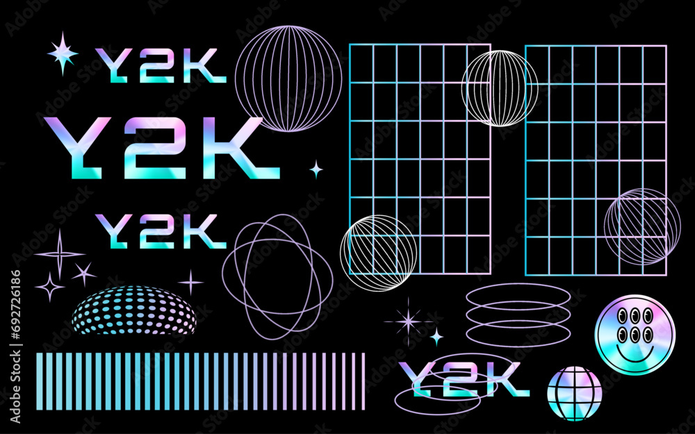 A set of holographic stickers and 3D wireframe shapes. Gradient. Retro ...