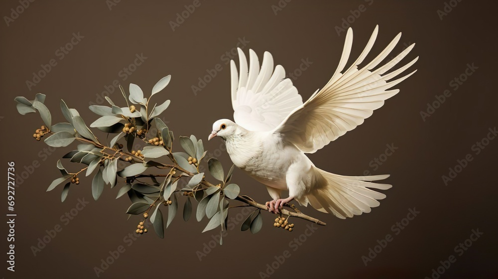White dove of peace with green olive branch is a symbol of peace and ...