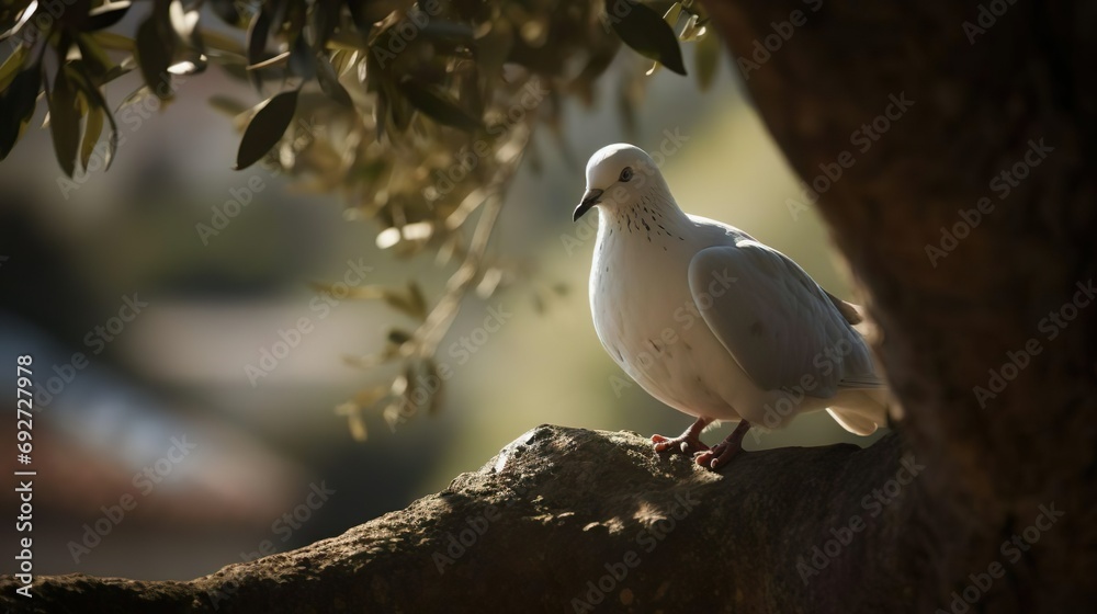 White dove of peace sitting on the olive tree. Dove bird is a symbol of ...