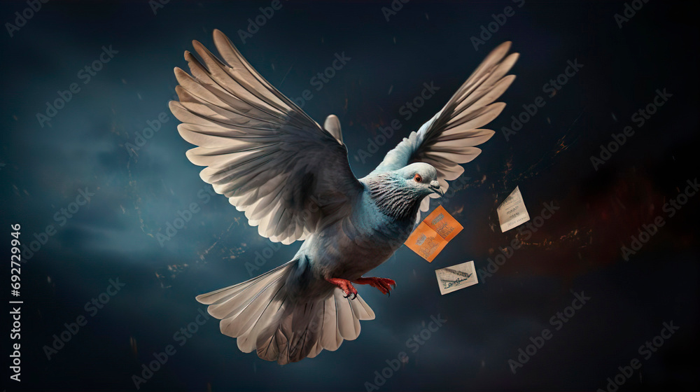 Mail pigeon. White dove delivers messages letters. Carrier pigeon with ...