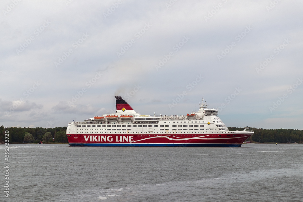 HELSINKI, FINLAND-APRIL 2019: Viking Line ferry sails from the port of ...