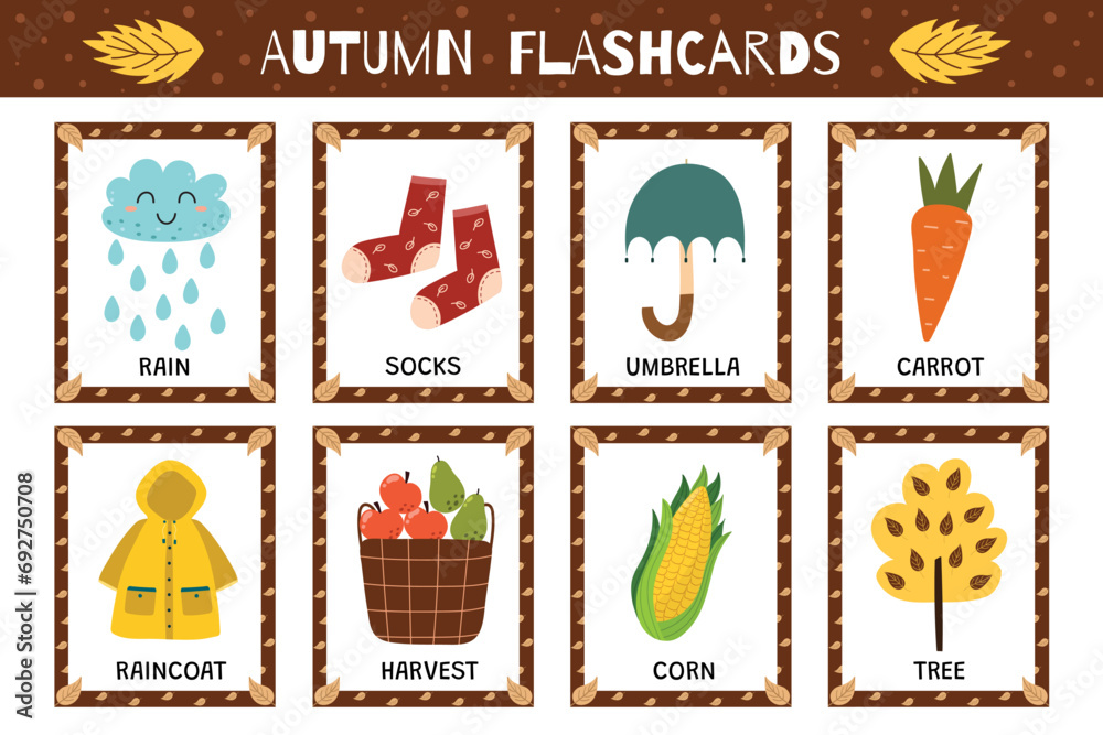 Autumn flashcards collection for kids. Flash cards set with cute ...
