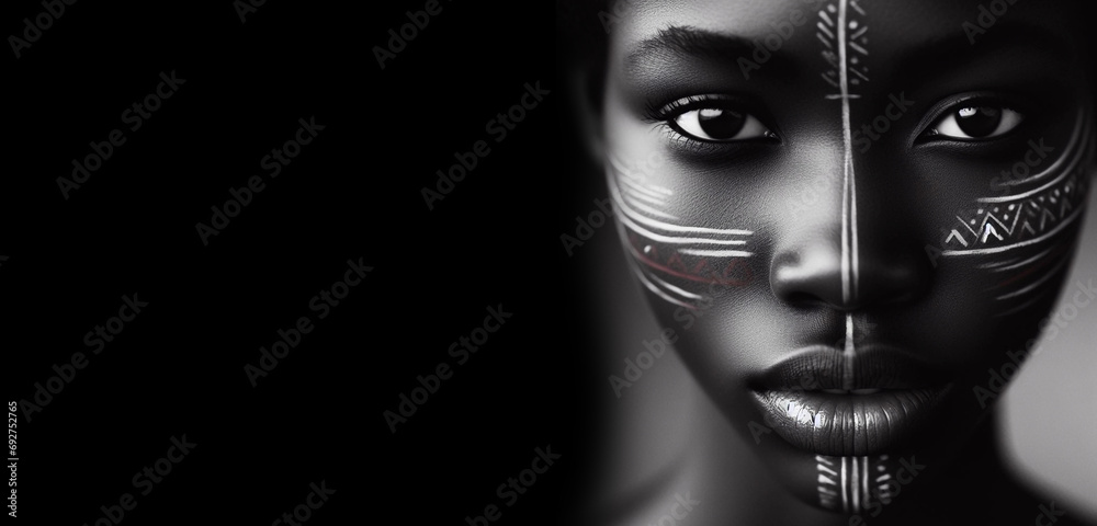 Double exposure of African man with traditional style face paint ...