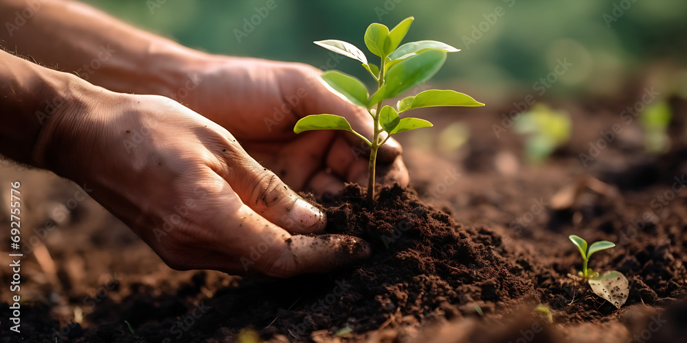 Adult hands planting a small plant, taking care of the flora, taking ...