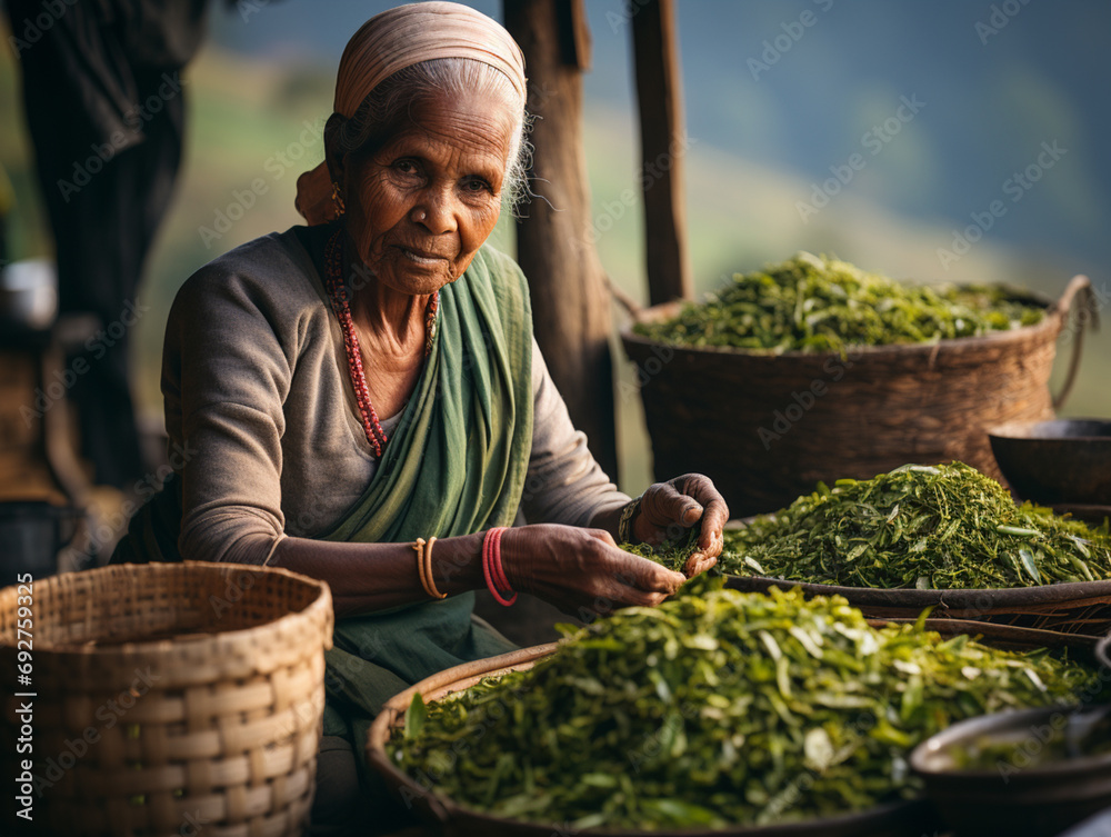 An Indian woman in traditional clothing picking tea on a tea plantation ...