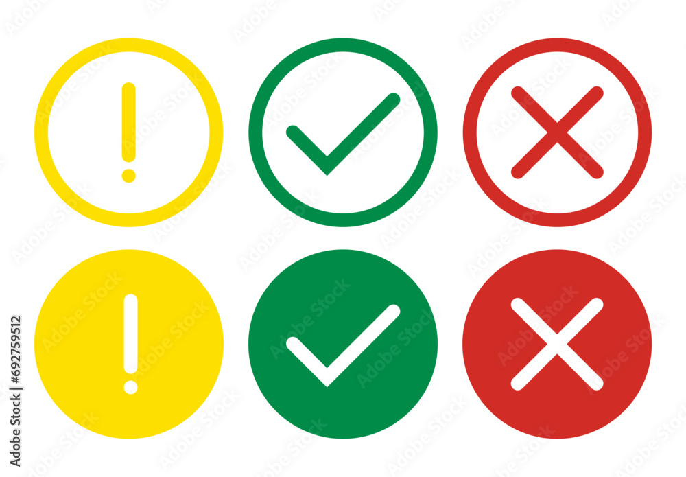 Set of flat round check mark, exclamation point, X mark icons, buttons ...