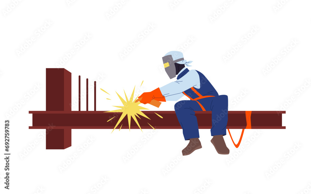 Construction worker working at height with industrial equipment vector ...