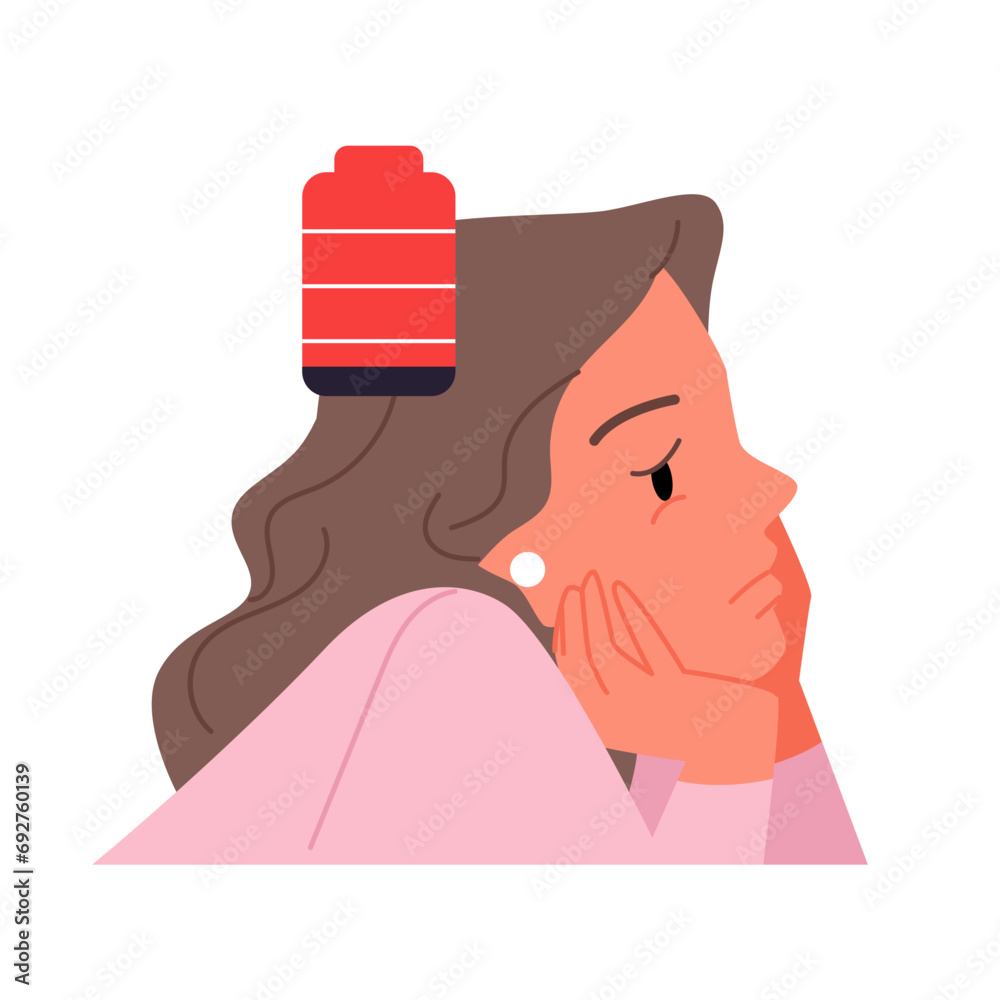 Tired girl with low battery near head vector illustration. Cartoon ...