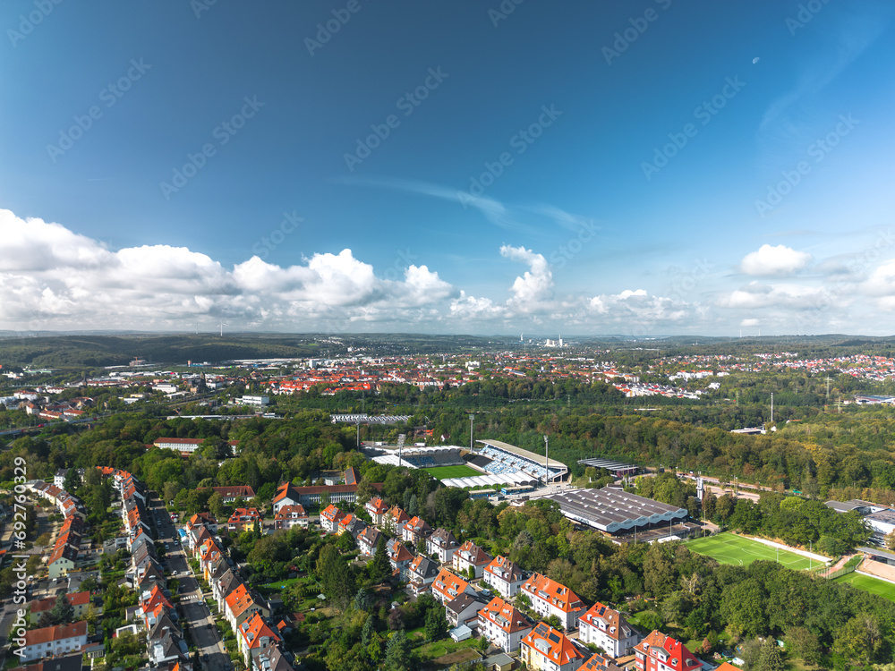 Aerial autumn panoramic view of Ludwigsparkstadion, home stadium for 1 ...