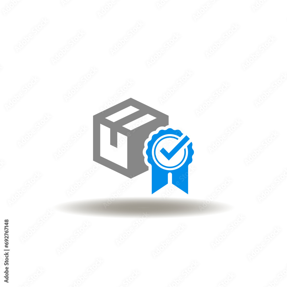Vector illustration of box package and stamp with check mark. Icon of ...