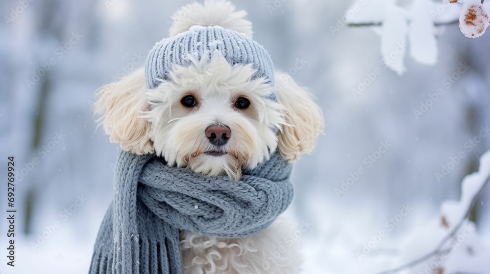 Poster Print Charming dog with a comfortable hat and scarf on the winter background 40x22.2 cm
