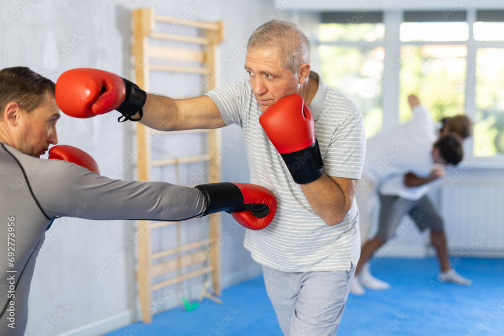 Male co-participant and senior man sparring partners during training ...