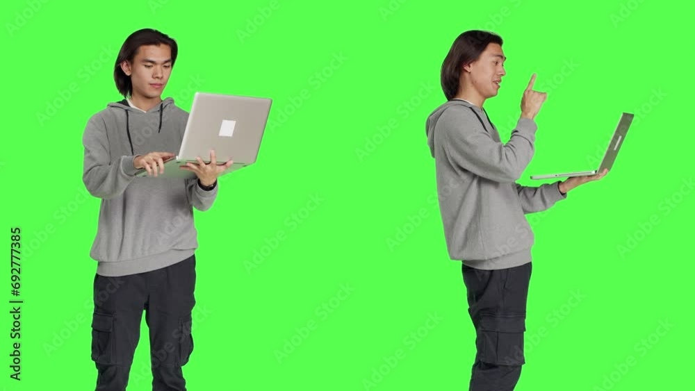 Young man greeting persons on videocall using laptop, interacting with ...