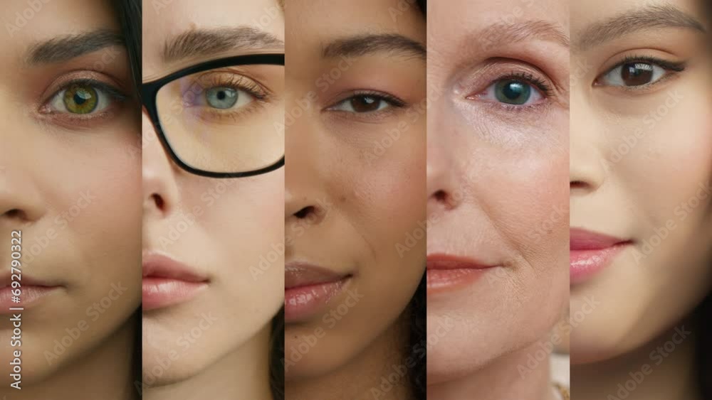 Close up diverse female half faces collage. Women of different races ...