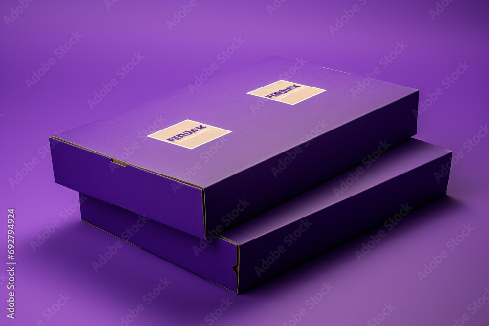 Side view of two cardboard packaging boxes one open and one closed on a ...