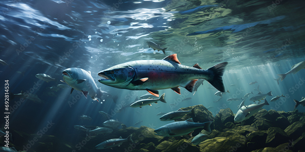 Underwater perspective of salmon swimming upstream , Upstream Salmon ...