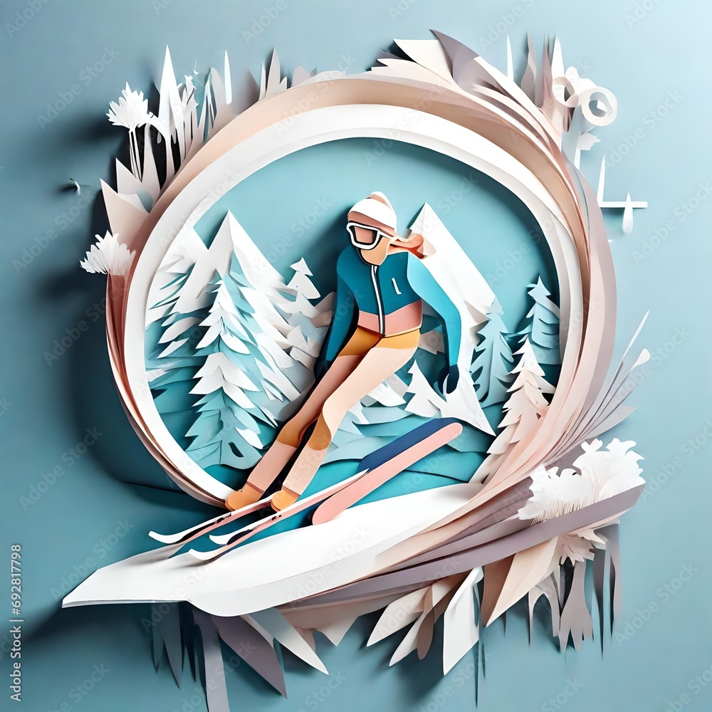 2d layered paper art, kirigami origami, downhill mountain skier skiing ...