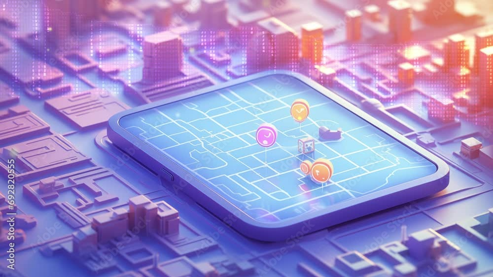 Digital map and phone with aerial view of city. Conceptual ...