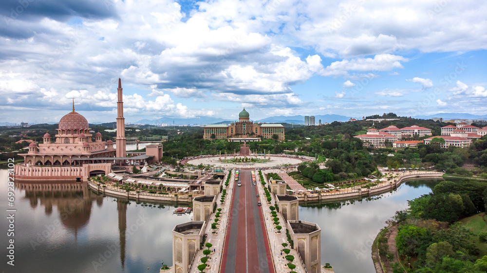 A stunning view of the Putra Mosque in Malaysia. The mosque is a large ...