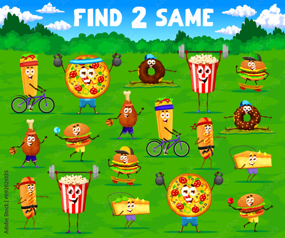 Find two same cartoon fast food characters on sport vacation. Objects ...