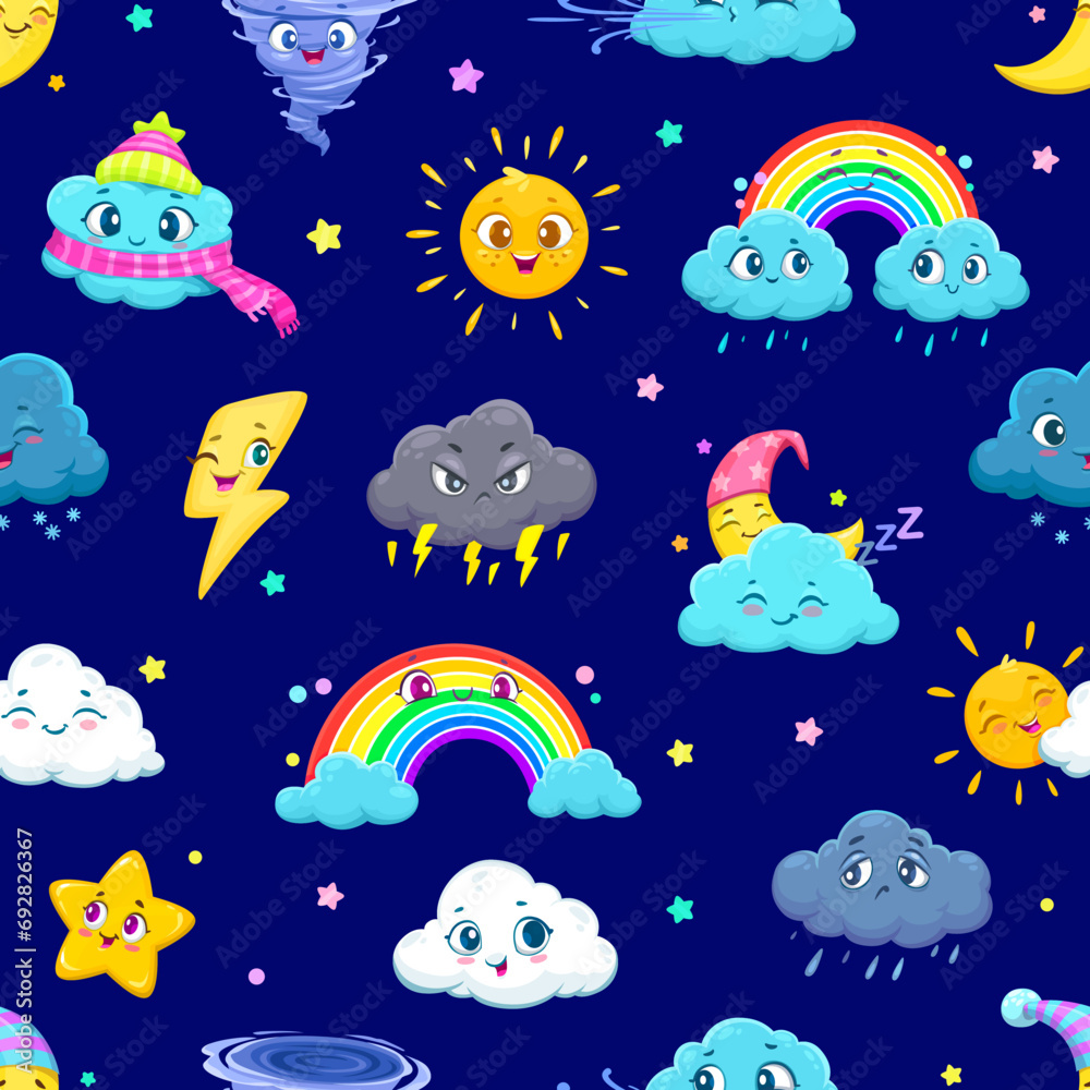 Cartoon cute weather characters seamless pattern. Wrapping paper print ...