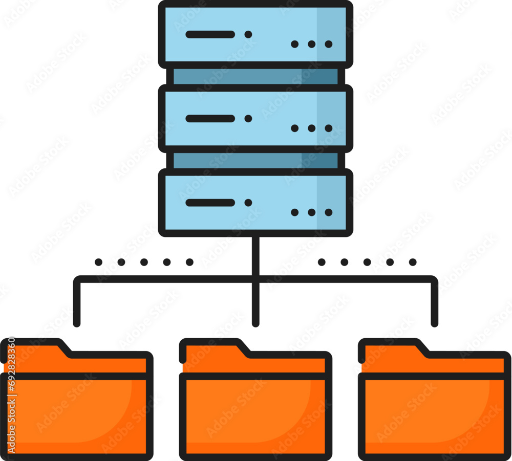 Data storage server and database network cloud color icon of file folders, vector line symbol ...