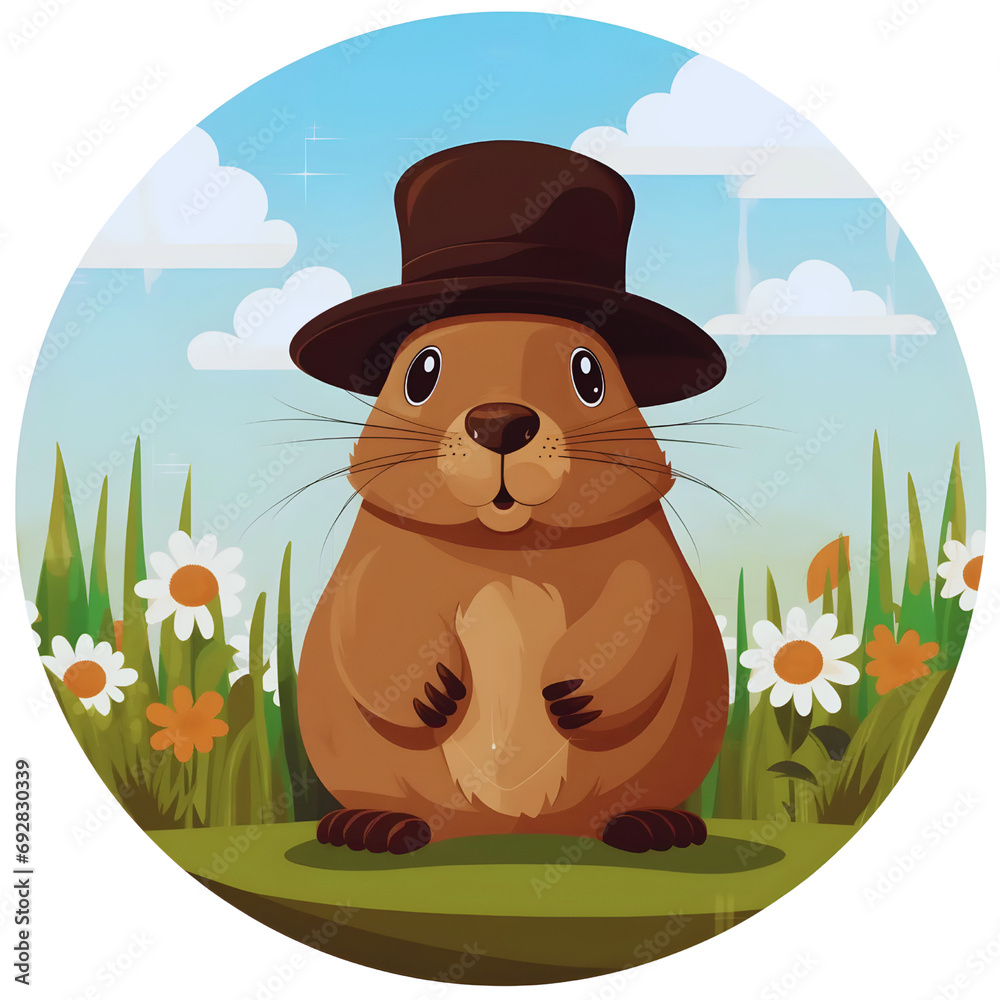 cute groundhog with brown top hat, popping up from hole surrounded by ...