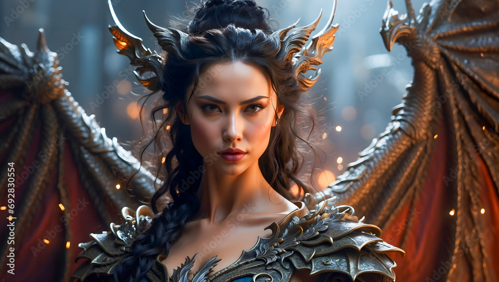 A fierce and regal female Dragonborn knight, exuding strength and ...