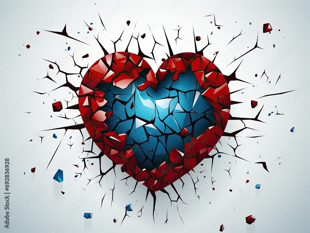 The design of a broken heart in large cracks, isolated on a white ...