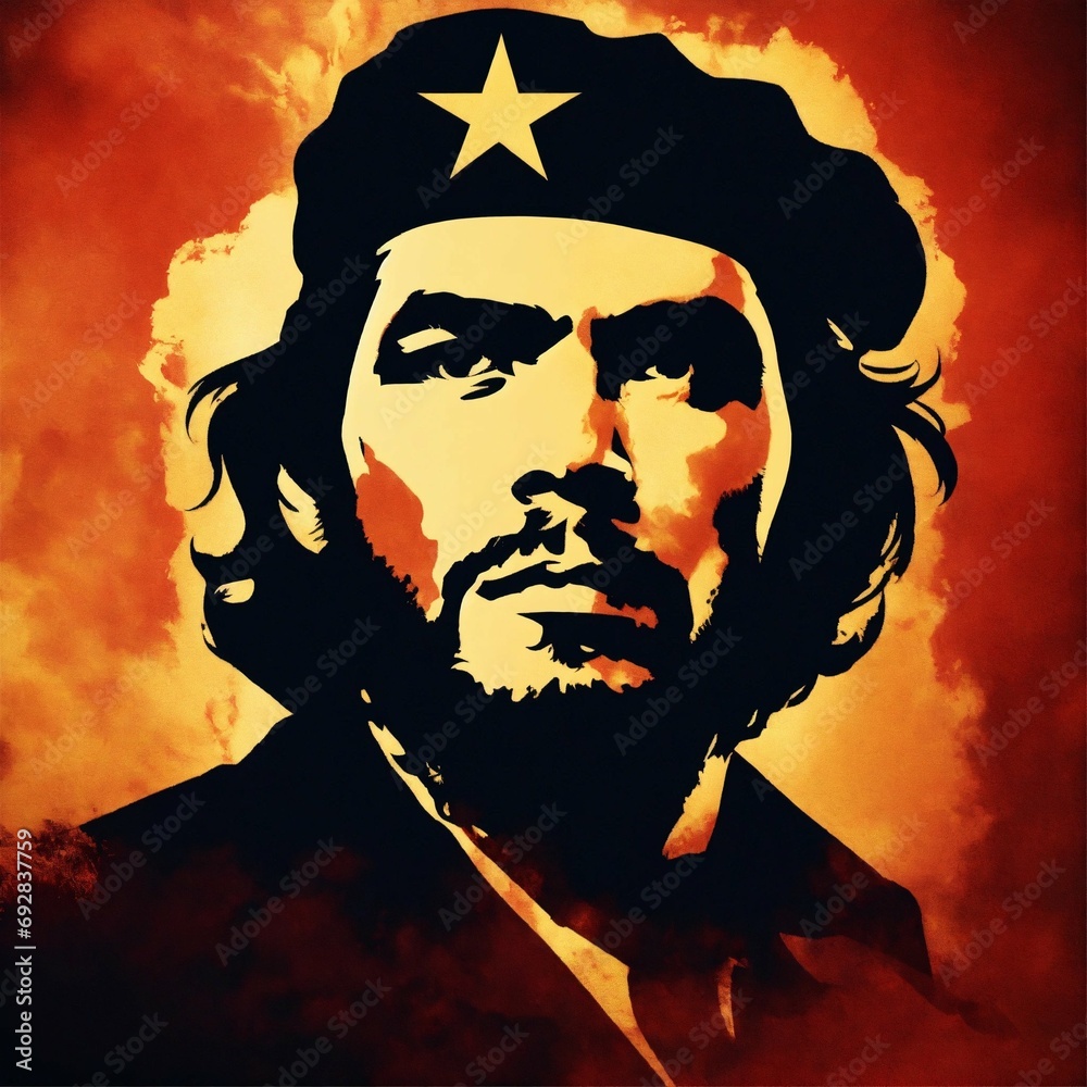 Che Guevara, mirando a la cámara, gesto serio, backlight dramático, y ...