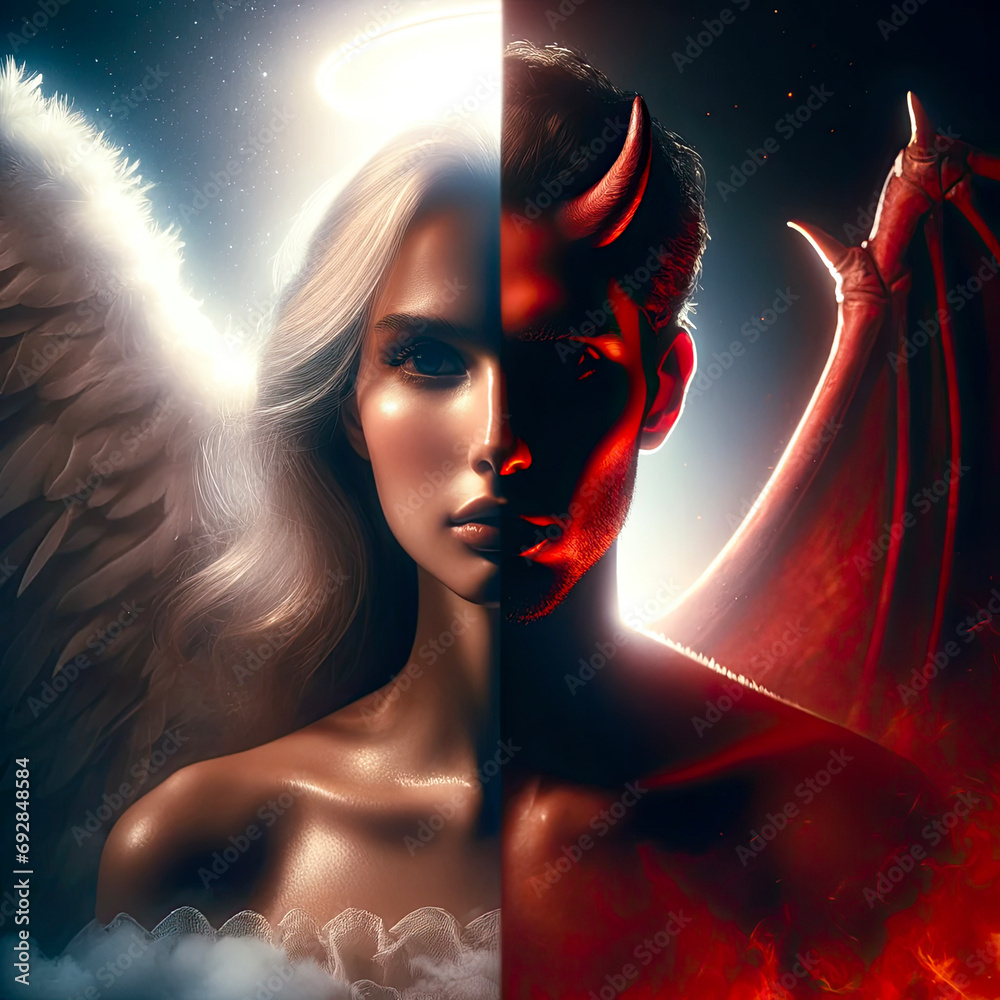 Dichotomous Portrait of Angelic and Demonic Figures Symbolizing Good ...