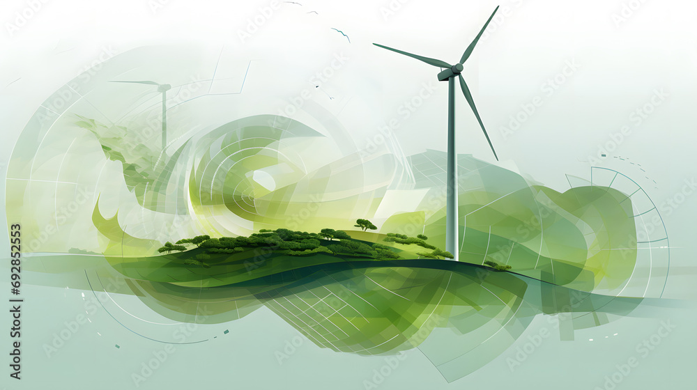 Windmill and graphic diagram of air currents that produce green energy ...