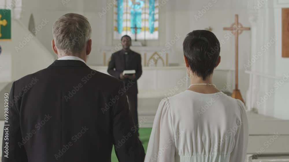 Medium back view slowmo of mid-aged Caucasian bride and groom holding ...