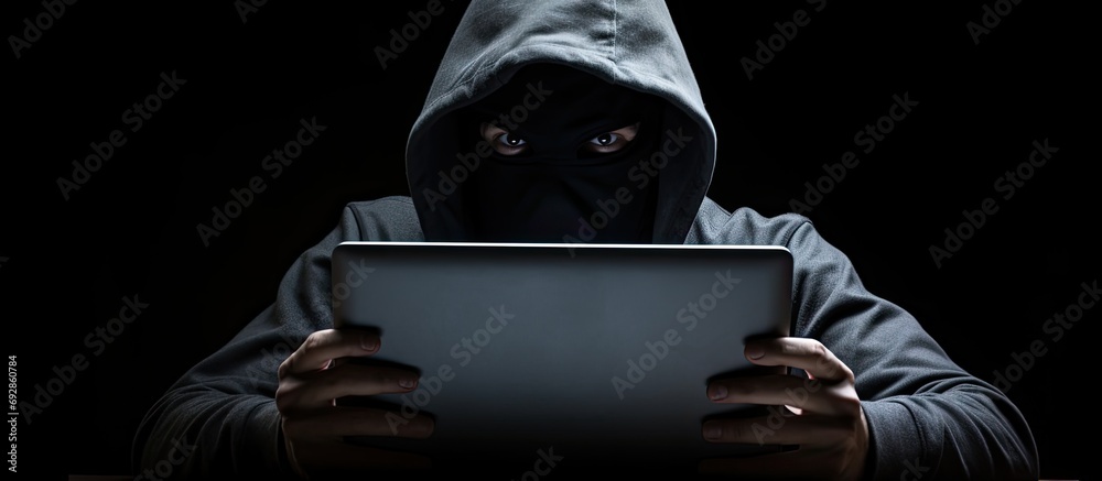 Hacker with hoodie, hiding face, holds blank computer monitor. Stock ...