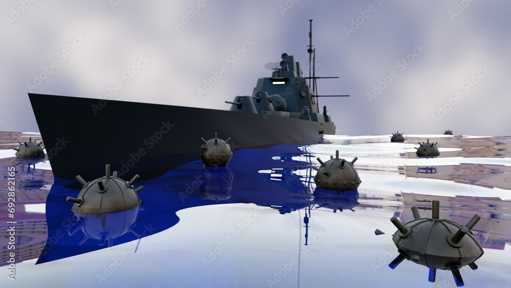 A 3D rendering of a sea mine, also known as a naval mine placed in ...