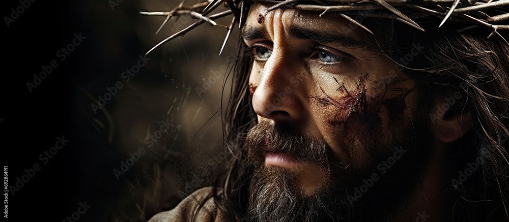 Jesus Christ enduring suffering with crown of thorns during his passion ...