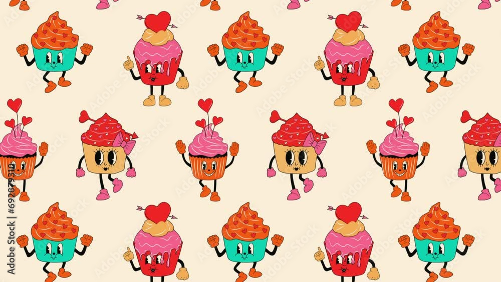 Retro set cupcake 30s cartoon mascots characters animation Loop ...