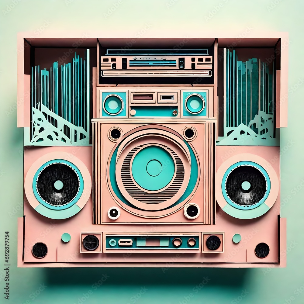 2d layered paper art, kirigami origami, vintage ghetto blaster Stock ...