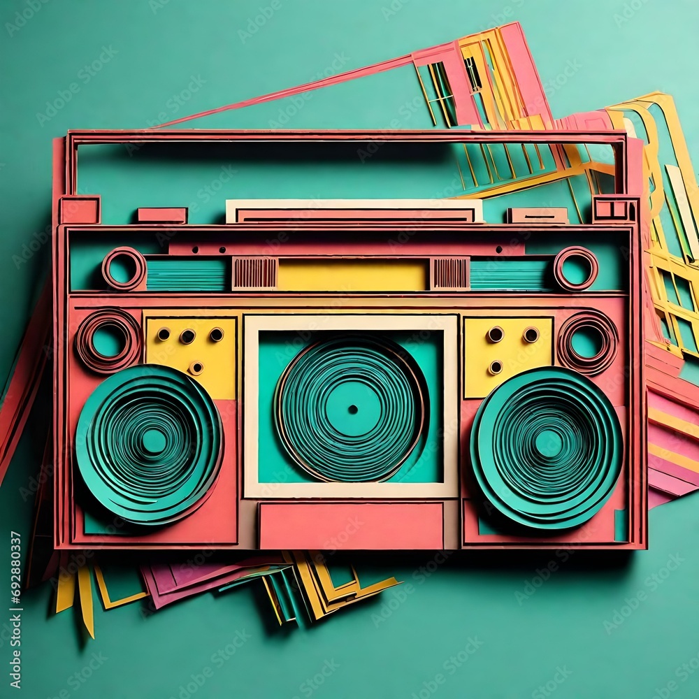 2d layered paper art, kirigami origami, vintage ghetto blaster Stock ...