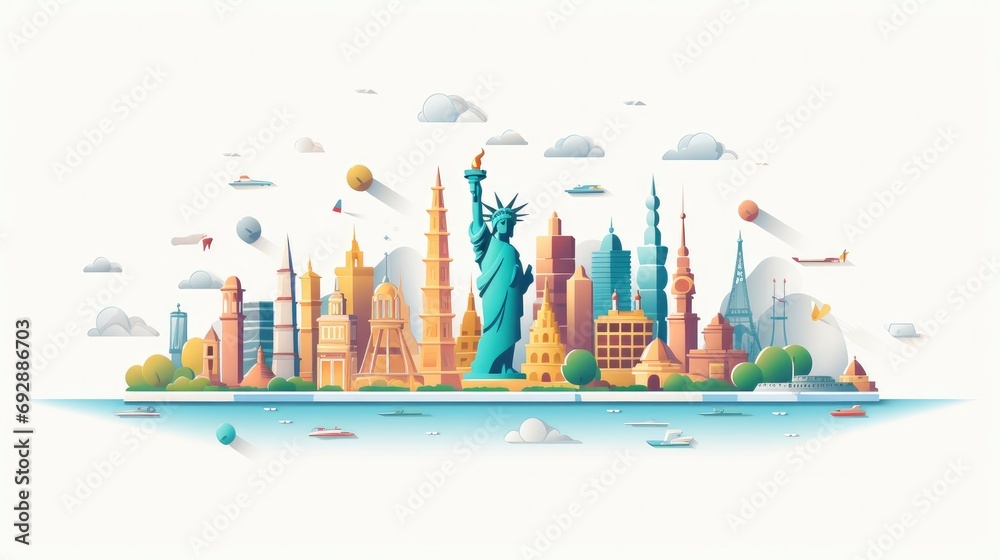 Stylized World Map with Iconic Landmarks Minimalist Flat Design ...