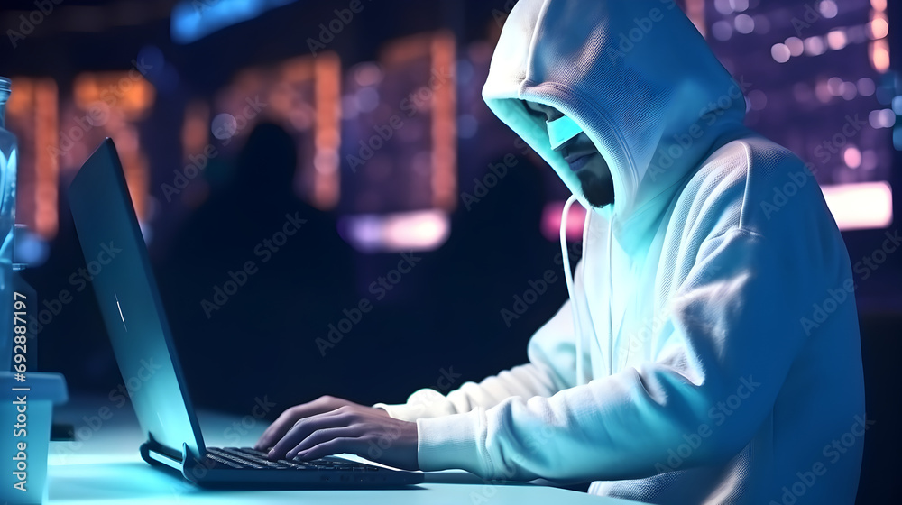 Cute anonymous hacker with white hoodie typing computer laptop ...