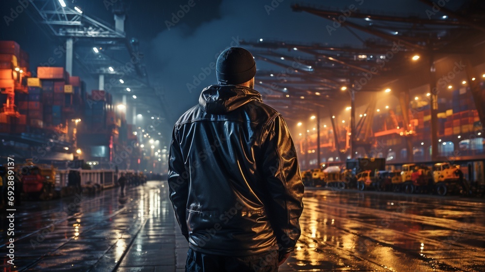 Near the cargo harbour is a logistician. A man working at a port ...