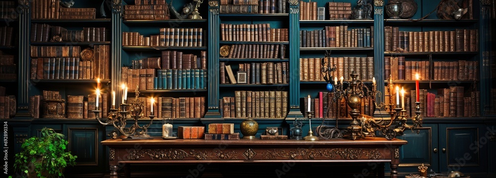 Nestled among tall bookcases in an old-fashioned wooden library is a ...