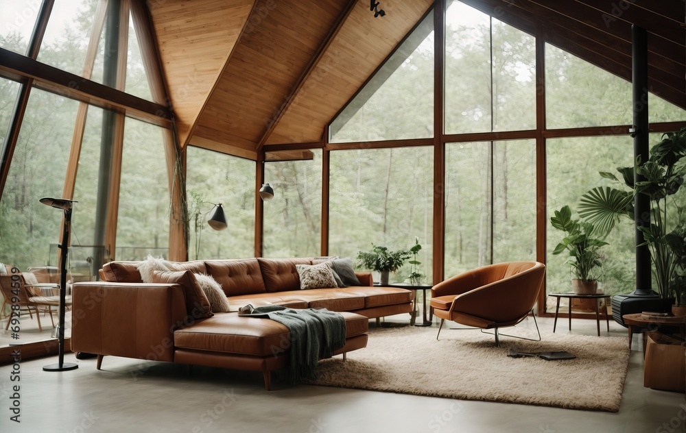 Mid-century loft home's interior design features a modern living room ...