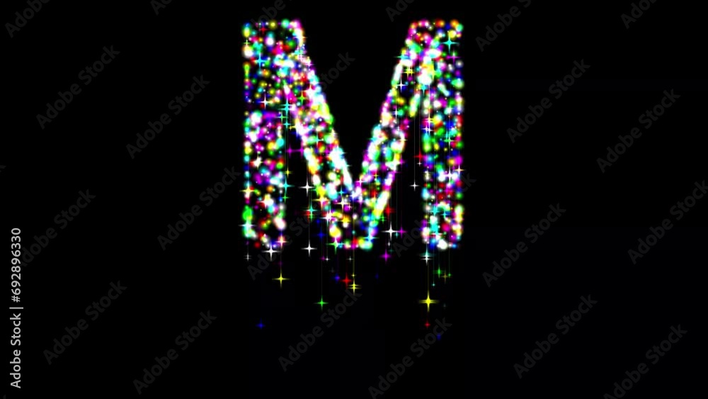 English alphabet M with colorful glitter sparkles and falling stars on ...