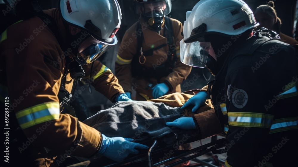 Rescuers wore oxygen masks to save the life of a female victim lying on ...