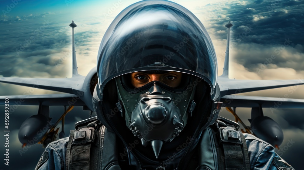 Pilot in flight. Pilot Wearing Mask And Helmet In Cockpit Of Fighter ...