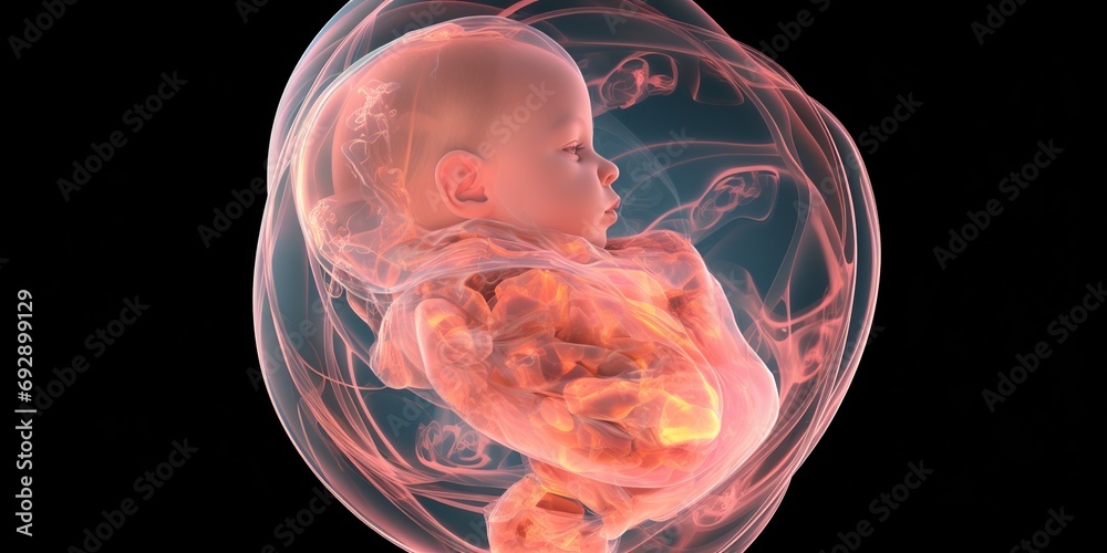 Illustration of a human fetus in the womb, showing the developmental ...