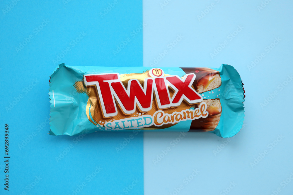 TERNOPIL, UKRAINE - JULY 7, 2023 Twix salted caramel blue wrapper on ...