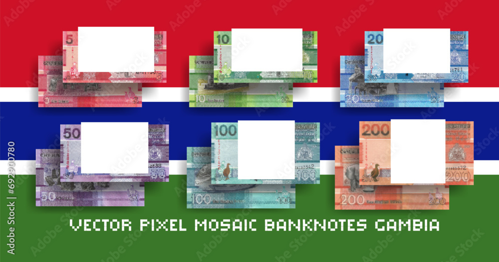 Vector set of pixel mosaic Gambia banknotes. Collection of notes in ...